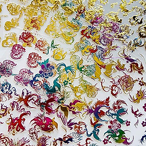 NAIL ANGEL 12Sheets Nail Art Adhesive Sticker Sheets Gold and Rainbow Color Dragon Peacock Phoenix Shapes Nail Art Decoration 10257