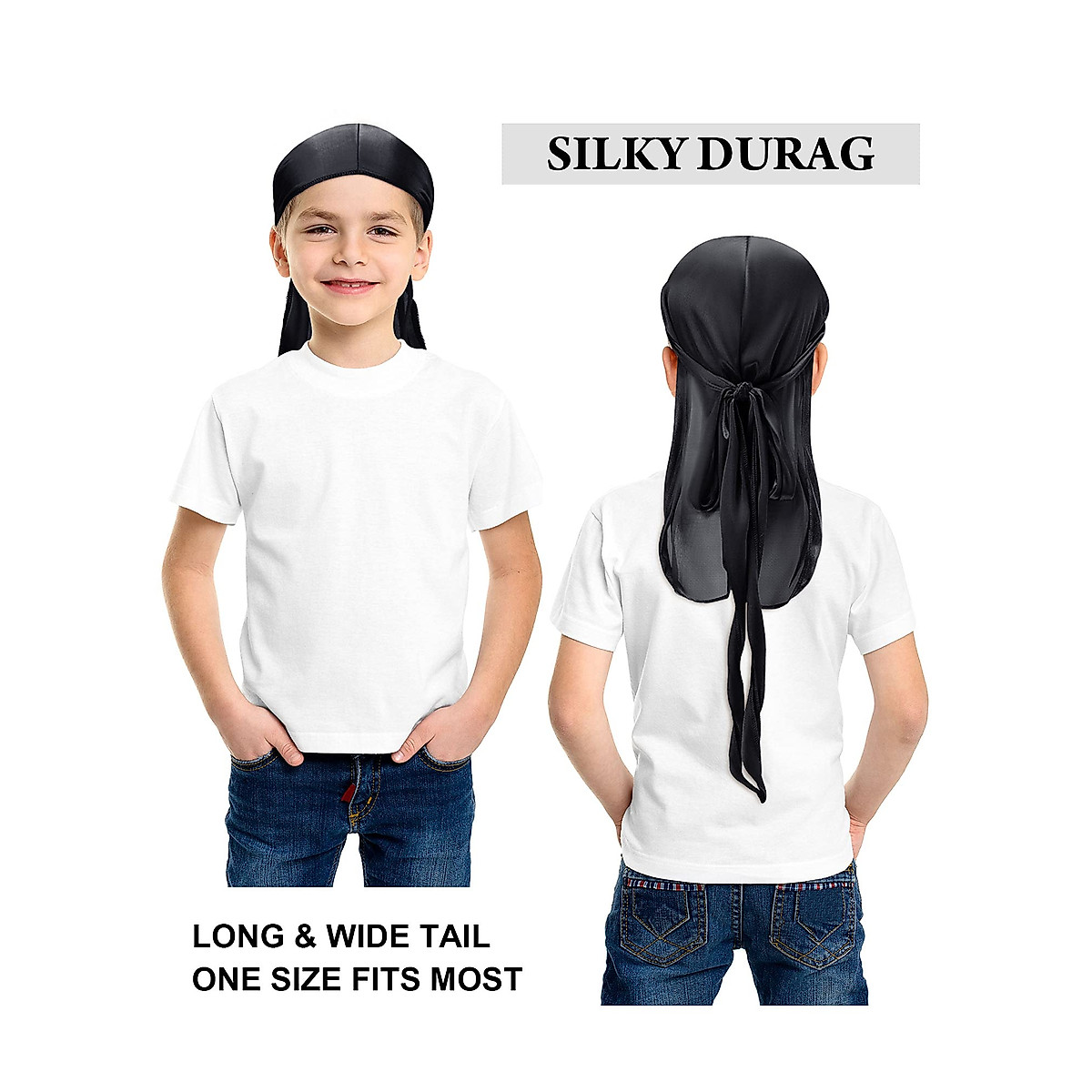 4 Pieces Kids Silky Durag with Wave Caps Set Unisex Baby Durags Long Tail and Wide Strap Headwraps Turban Beanies (Black, Navy Blue)