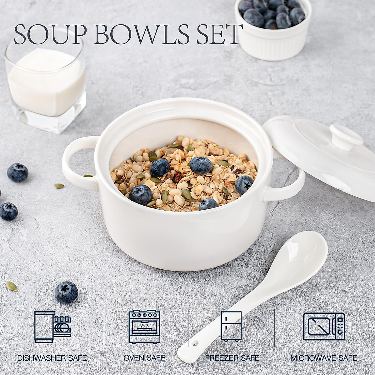 DELLING 28 Oz Soup Bowls with Handles and Lids, Large French Onion Soup Bowls, Ceramic Soup Crocks for French Onion, Oven Safe Bowls for Chili, Beef Stew, Cereal, Pot Pies, Bowls Set of 4, White