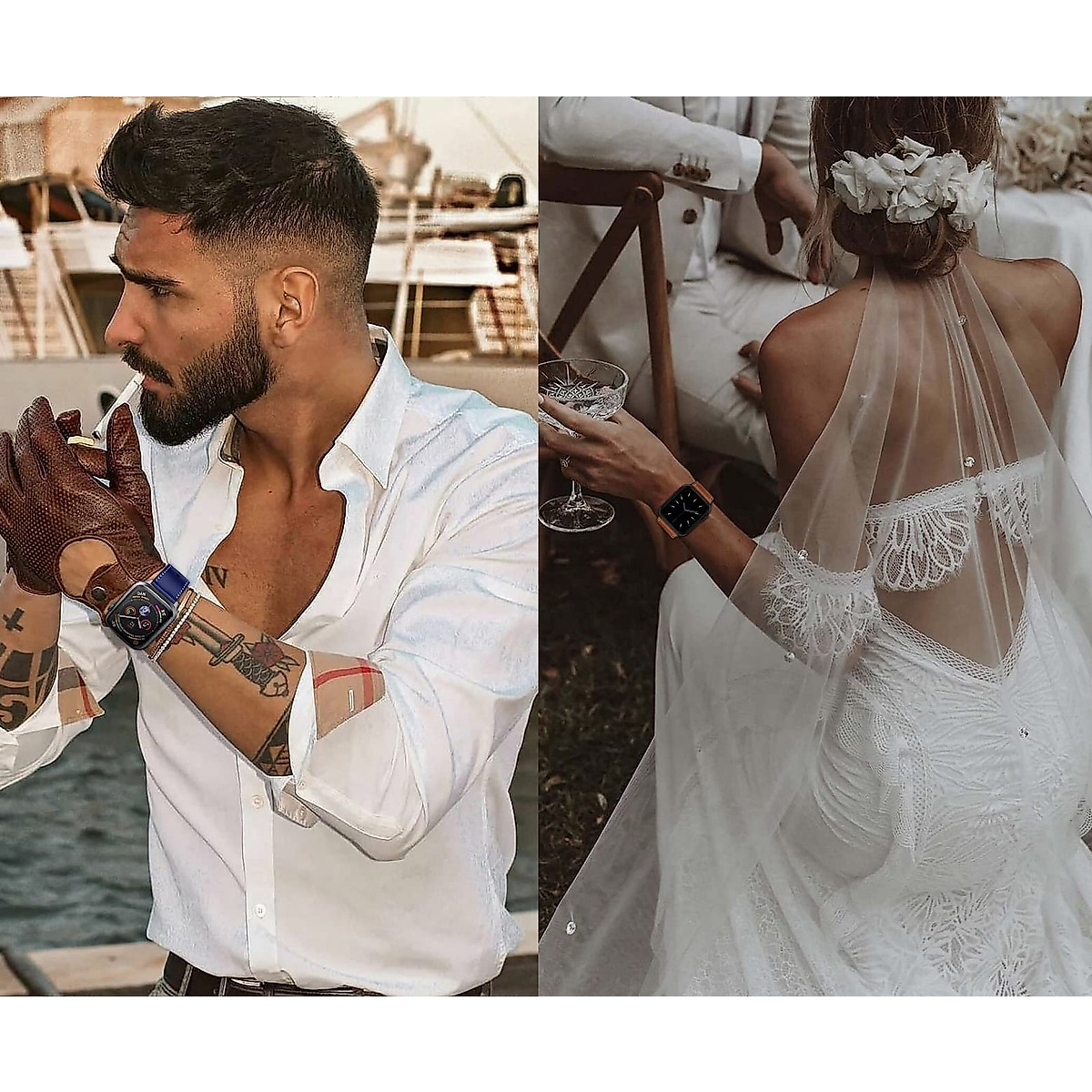 (4 Pack) Compatible with Apple Watch Band 45mm 44mm 42mm, C.M Genuine Leather Band Replacement Strap Compatible with Apple Watch Series 7/6/5/4/3/8/9/SE, Brown Blue Grey Black Band with Black