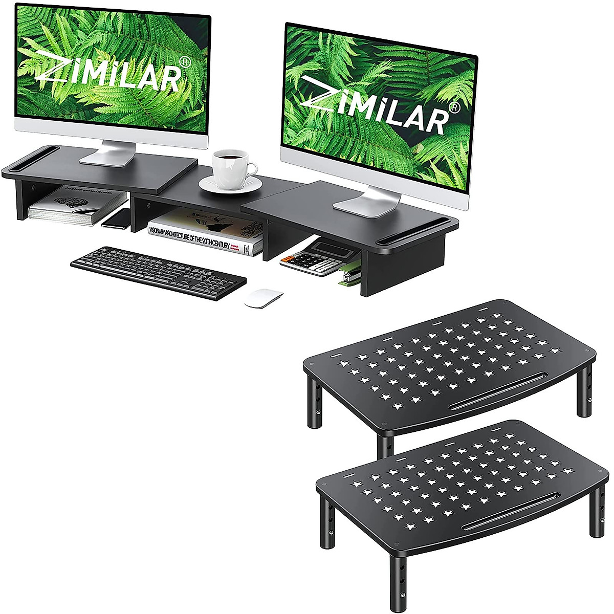 Zimilar Dual Monitor Stand Riser, Monitor Stand with Adjustable Length and Angle Monitor Stands Risers, 3 Height Adjustable Monitor Riser for Computer