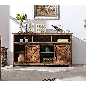 Farmhouse Coffee Bar Cabinet Rustic Sliding Barn Door Storage Cabinet with Power Outlet, Buffet Server Sideboard Cupboard Table for Dining Room Entryway Kitchen (Rustic Brown)