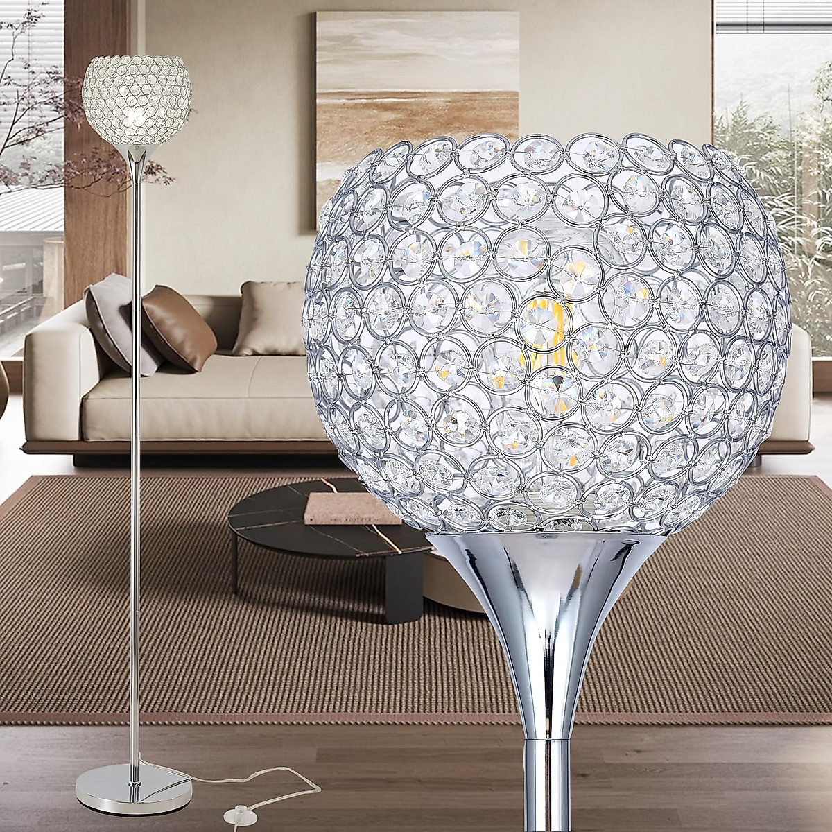 Spherical Crystal Floor Lamp, Silver 8.7 in Shade Elegant Standing Light with Crystal Lamp Shade for Living Room, Bedroom, Office, Modern Chrome 61 in Tall Pole Lighting, E26 Base, LED Bulb Included