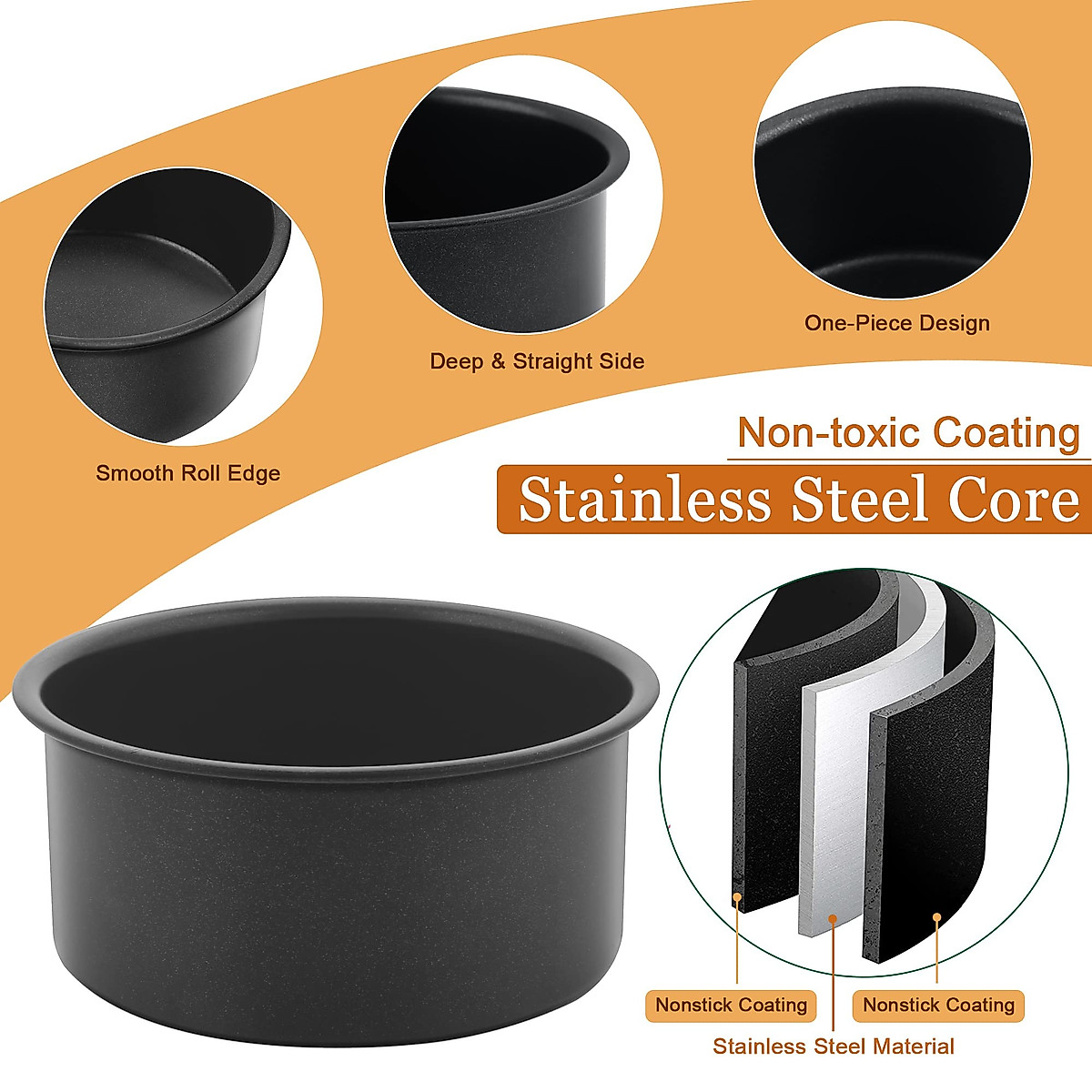 E-far 4 Inch Cake Pan, 4-Piece Nonstick Round Cake Baking Pans for Wedding, Birthday, Layer Cake, Stainless Steel Core & Non-Toxic Coating, 2 Inch Deep