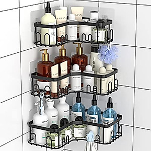 Menbyci 3 Pack Corner Shower Caddy, Stainless Steel Corner Shower Shelf with 18 Hooks, Adhesive Shower Shelves Shower Organizer Corner for Bathroom Storage (Black)