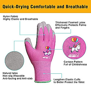 KDK Ages 3-5 Kids Gardening Gloves,Yard Work Gloves for Toddlers, Youth, Girls, Boys, Childrens, Soft Safety Rubber Gloves (Small Age 3-5, 3 Pairs Green, Blue&Pink)