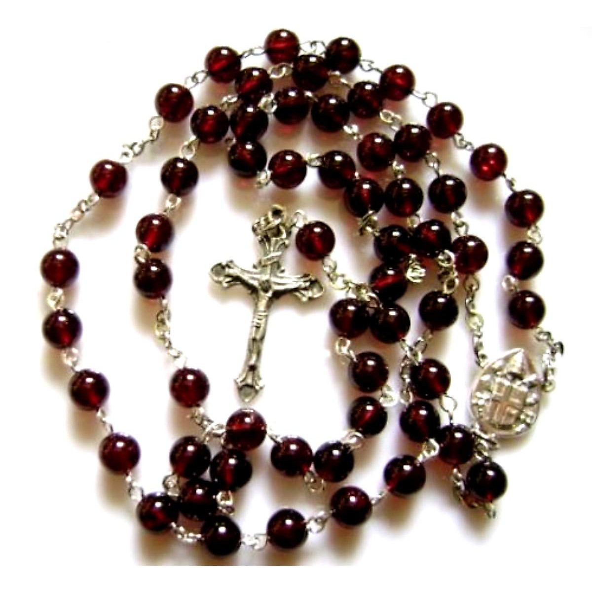elegantmedical HANDMADE Garnet Gemstone Bead Catholic Sterling 925 Silver 5 DECADE ROSARY Cross Crucifix Necklace Womens/Girls