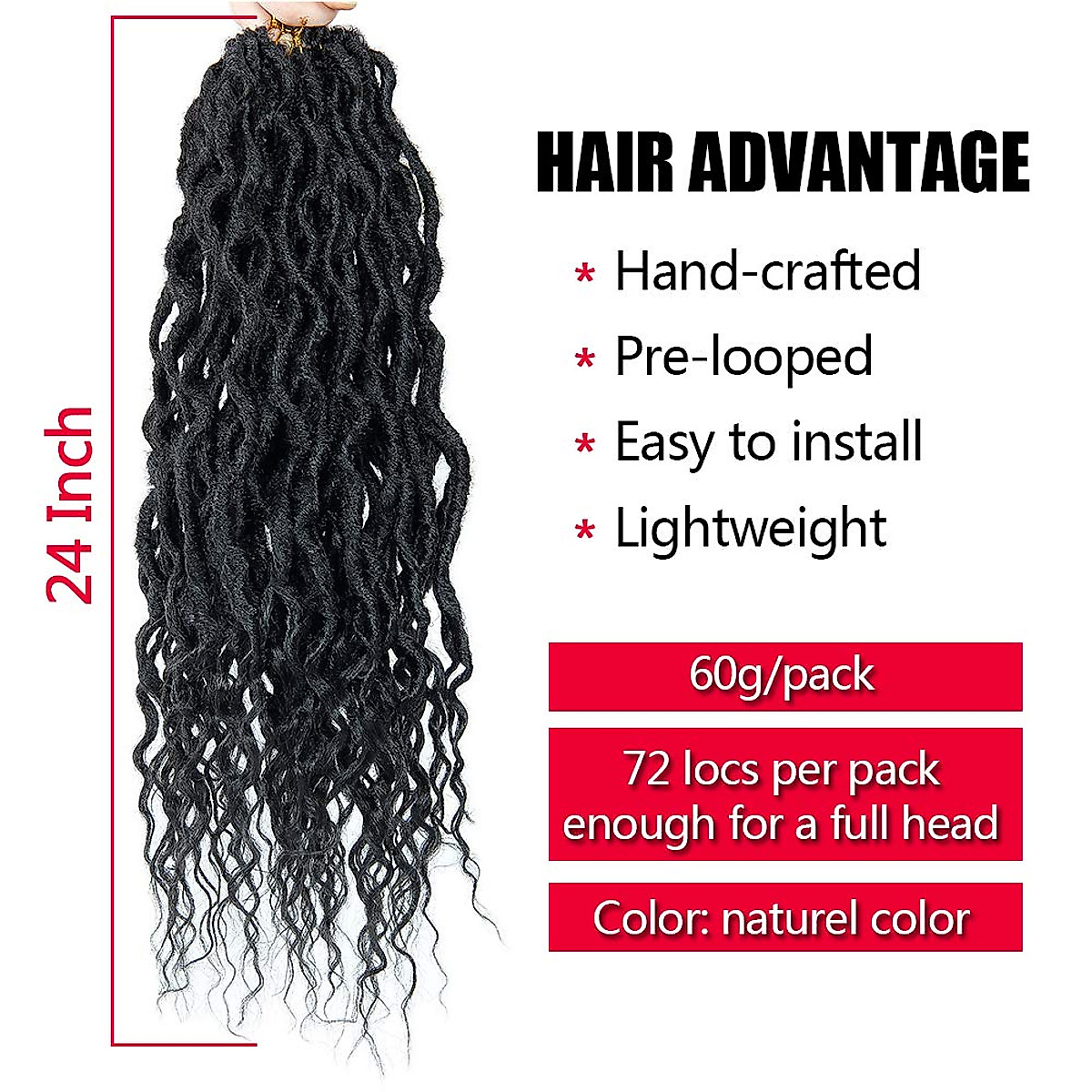 Faux Hair Goddess Locs Crochet Hair 6Packs 24Inch Pre-looped with Soft Curly Ends Dreadlocks Wavy Faux Crochet Locs Synthetic Braids Extensions 72strands(24'', 1B)