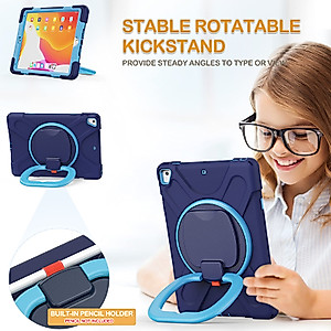 BRAECN Silicone Case for iPad 9.7 Inch 6th/5th Generation, iPad Pro 9.7, iPad Air 2, Triple Protected Rugged Cover with Stable Kickstand/Hand Grip/Pencil Holder/Shoulder Strap for Kids-Navy+Blue