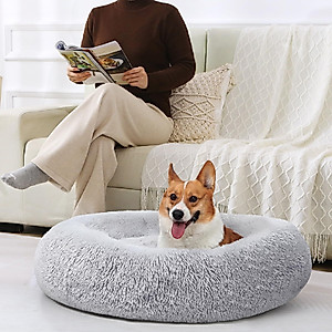 JOLLYVOGUE Calming Donut Dog Bed & Cat Bed, Anti-Anxiety Washable Round Bed, Fluffy Dog Cuddler Bed, Cozy Dog Cat Cushion Bed for Small Puppy (20")