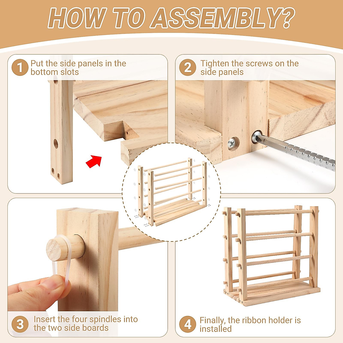 NewEle Two-row Ribbon Holder Organizer Rack - Wooden Ribbon Spool Holder for Mesh Ribbon Wreath Thread Tulle Roll Washi Tape, Ribbon Organizer for Craft Room, Florist Supplies, Wrapping Craft