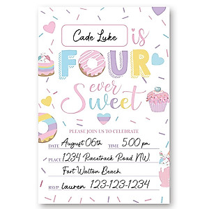 LoaHak Four Ever Sweet Birthday Invitation, Donut Invitation, Donut party favors for kids, birthday party invitations. (011)