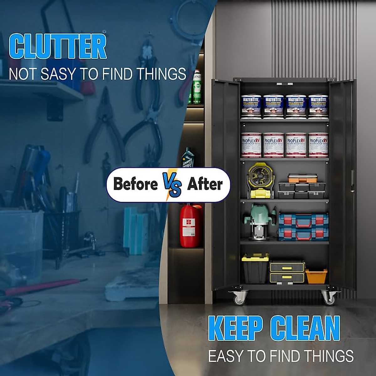 Aobabo Garage Storage Cabinet with Wheels,72In High Lockable Metal Storage Cabinet for Garage Home Storage, Black Required-Assembly