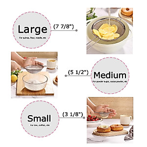 3PCS Fine Mesh Strainers Set, Little Cook Stainless Steel Colanders and Sifters with Sturdy Handle, Perfect for Sift, Strain, Drain and Rinse Vegetables, Pastas and Tea（Large + Medium + Small，3PCS)