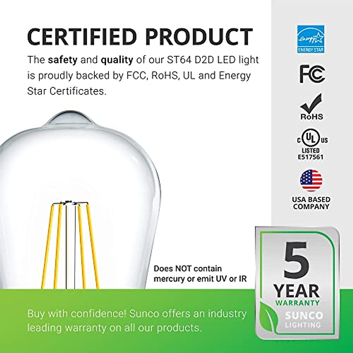 Sunco 4 Pack Dusk to Dawn Light Bulbs LED Edison 2700K Soft White, 7W Equivalent 60W, Vintage Styled ST64 Extra Bright Automatic Bulb, 800 LM, E26 Base, Light Sensing Outdoor UL, Energy Star