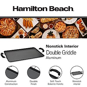 Hamilton Beach Nonstick Double Griddle 19x11-Inch - Black Aluminum Griddle with Soft Touch Bakelite Handle - Flared Edge - Spiral Bottom, Easy to Clean, Multipurpose Use - Durable & Dishwasher Safe