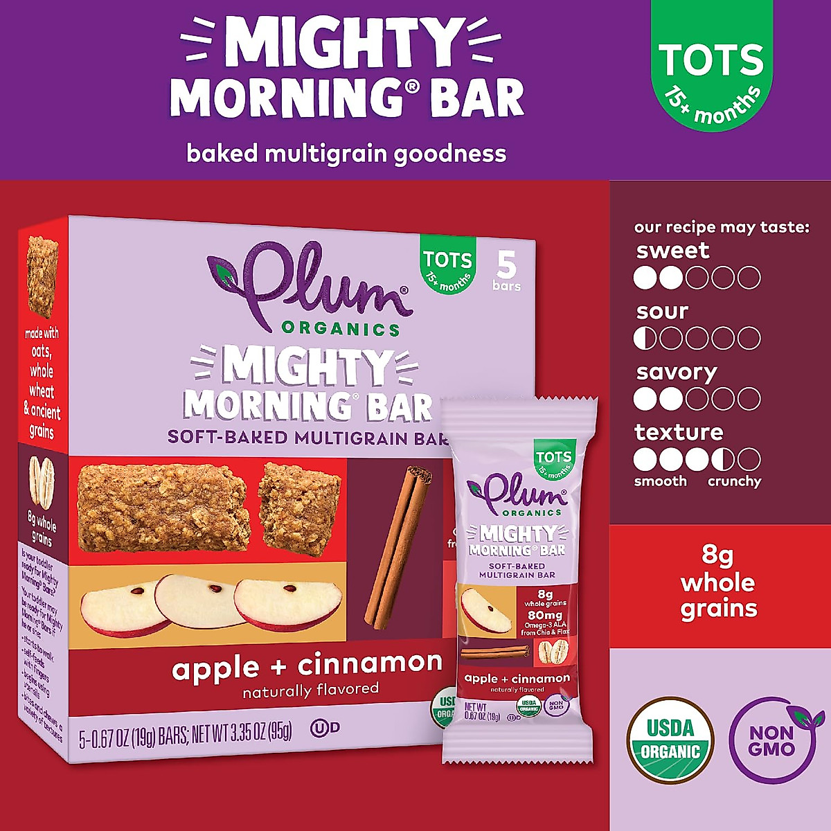 Plum Organics Mighty Morning Bars - Apple and Cinnamon - 0.67 oz Bars (Pack of 5) - Organic Toddler Food Multigrain Snack Bars