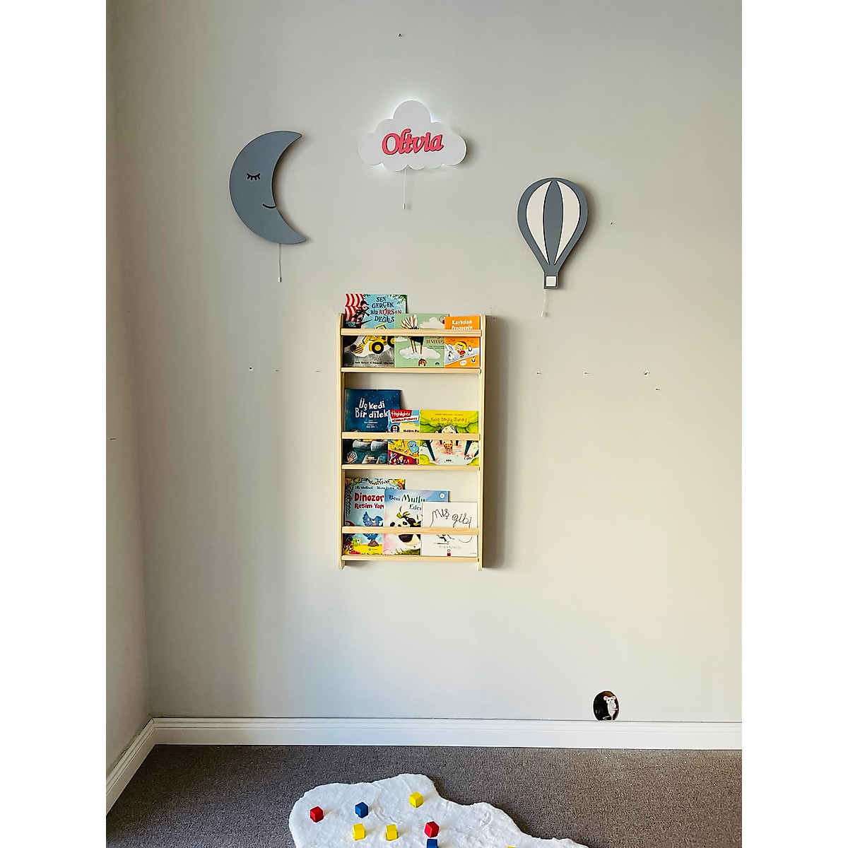 Furpinea 3 Tier Natural Wood Handmade Montessori Kids Bookshelf, Wall Mounted Space Saver Children for Nursery (Wide 24" Width, Natural)