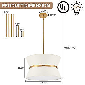 ELYCCUPA Modern Chandelier with Off-White Fabric Shade and Brass Finished Adjustable Pendant Light for Kitchen Island Living Room Bedroom Hallway, E26, Dia 18 Inch, UL Listed