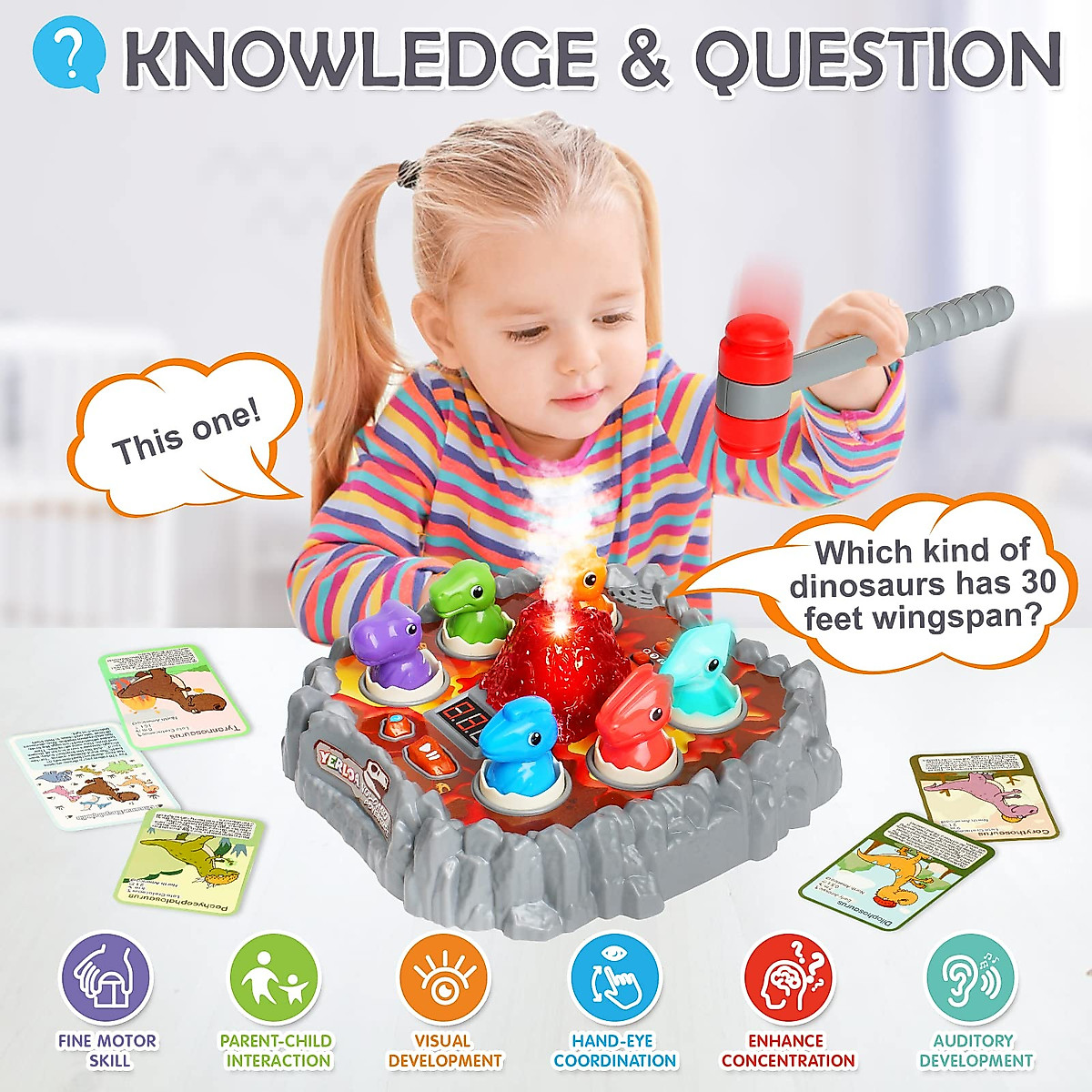 Yerloa Dinosaur Toys for Kids 3-5, Toddler Toys Ages 2-4 Dino Volcano Whack A Mole Game with 2 Hammers, Musical Spray Light Up Learning Outdoor Preschool Birthday Gift for 2 3 4 5 6 Year Old Boy Girl