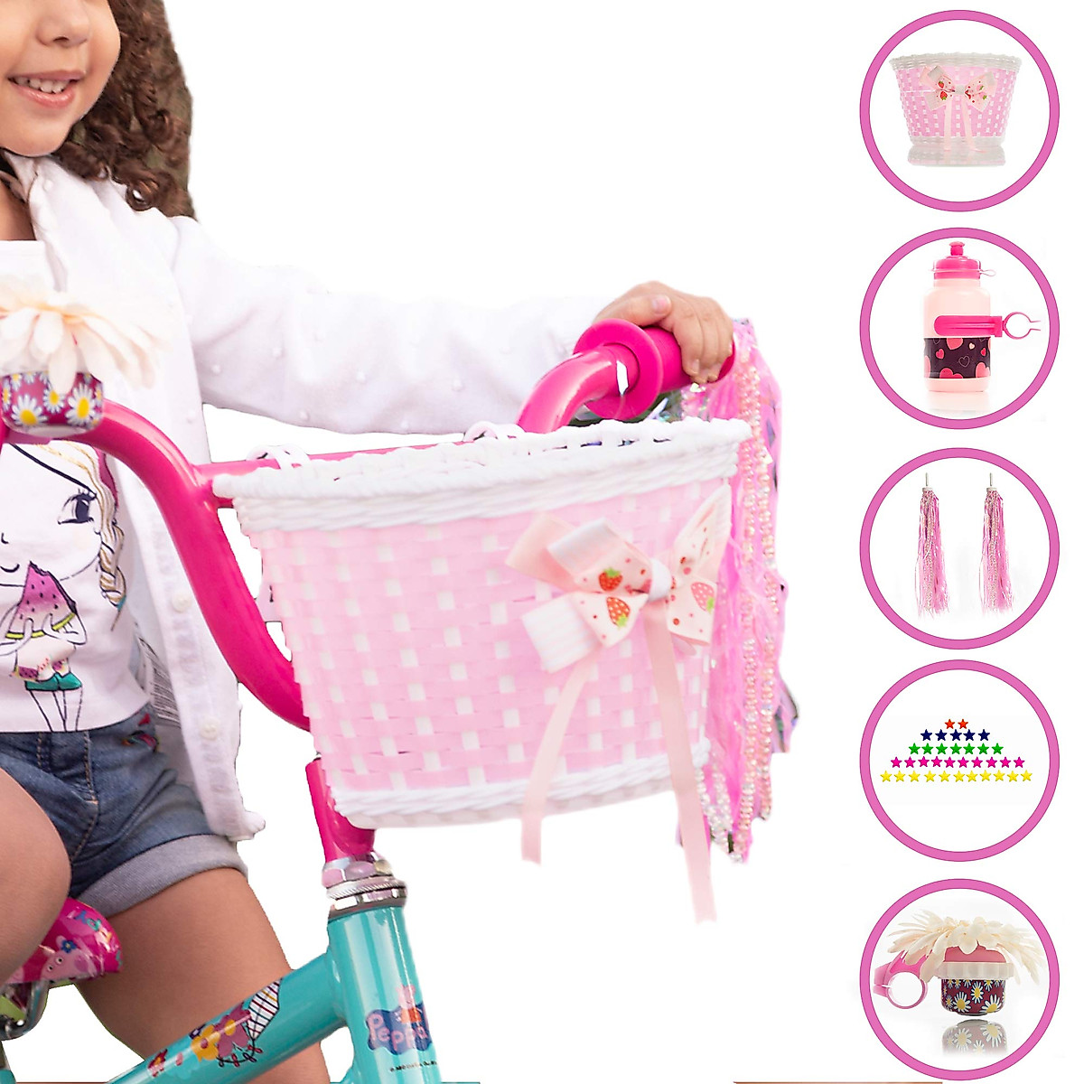 Girl’s Bicycle Decorations Set - Fun Bicycle Decor w/Beads, Rear View Mirror, Mounted Water Bottle, Handlebar Streamers & Basket - Complete Bike Decoration for Kids