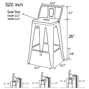 Yongqiang 26 inch Metal Barstools Set of 4 Indoor Outdoor Bar Stools with Back Kitchen Dining Counter Stools Bar Chairs Matte Black