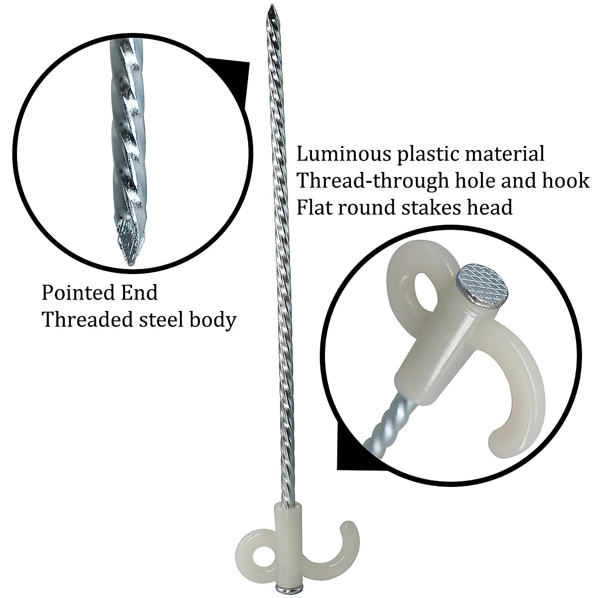 15Pcs Dortanmy 25cm Luminous Metal Camping Tent Pegs with Glow in The Dark Plastic Stopper, Threaded Glow in The Dark Camping Tent Stakes, Durable Steel Glow-in-The-Dark Garden Ground Anchor Pegs