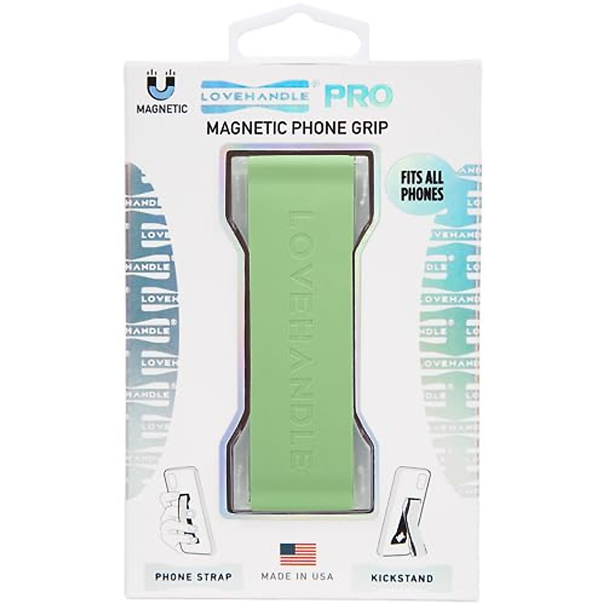 LoveHandle PRO Premium Phone Grip - Silicone Phone Strap - Magnetic Phone Mount and Kickstand for Smartphone and Tablet - Fern Green Silicone on Clear Base