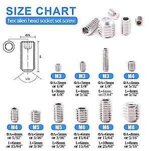 QLOUNI 200pcs M3 M4 M5 M6 M8 Allen Head Socket Hex Grub Screw Set Cup Point Assortment Kit (Metric, 304 Stainless Steel)