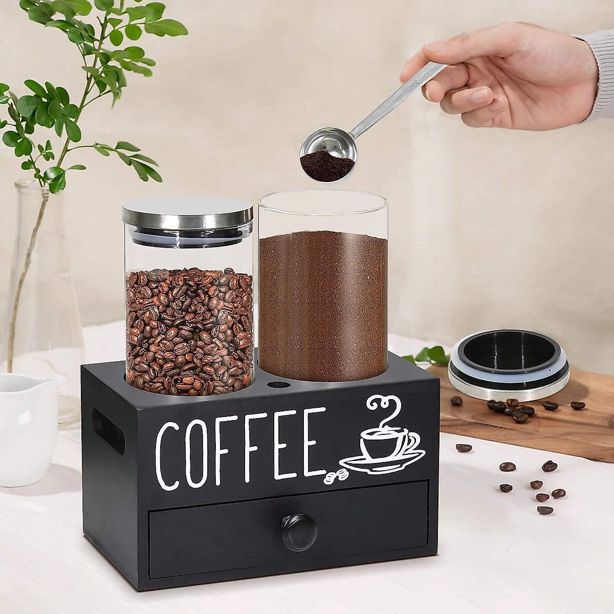 Glass Coffee Containers with Shelf, Coffee Bean Storage Container with Airtight Lids, Coffee Container for Ground Coffee, Coffee Bar Accessories Organizer with Drawer, Food Storage Jars for Kitchen