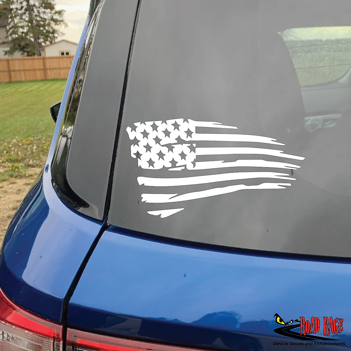 Road Rage Premium Vehicle Decals - Patriotic American Waving Flag Sticker 2 Pack- Car, Truck, Computer, Wall - White or Black 6 Year Premium Outdoor Vinyl (11x6 inch, Black)