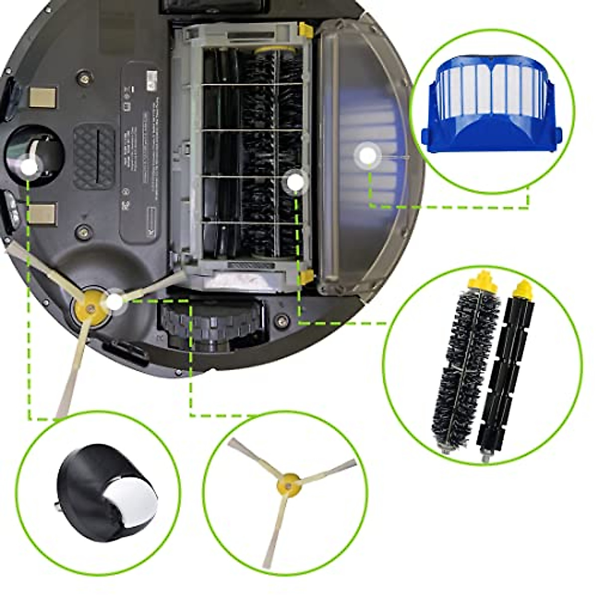 Rumba Replacement Parts for iRobot Roomba 675 650 677 692 671 694 691 614 615 635 676 670 645 655 690 600 Series 595 585 Vacuum Cleaner Accessories,1 Caster Wheel, Bristle Brush,4 Side Brush,2 Filter