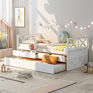 Twin Captain’s Bed, Wood Storage Daybed with Trundle and Drawers, Wooden Platform Bed with Storage for Kids Teens and Adults, White