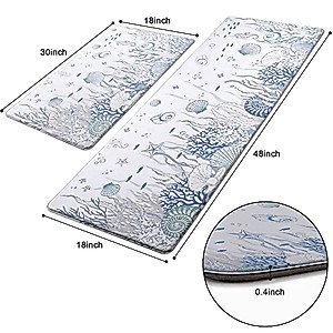ASPMIZ Kitchen Mat Anti Fatigue 2 Piece, Beach Kitchen Rugs for Floor, Cushioned Kitchen Runner Mat Non Skid Washable, Waterproof Memory Foam Comfort Mat for Home Sink, 18'' x 48'' + 18'' x 30'' White