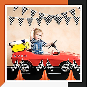 Remagr 22 Pcs Race Car Birthday Party Supplies Include Racetrack Floor Running Mat Checkered Racing Pennant Banner Black and White Flags on Sticks, Mini Orange Sports Safety Cones for Racing Party
