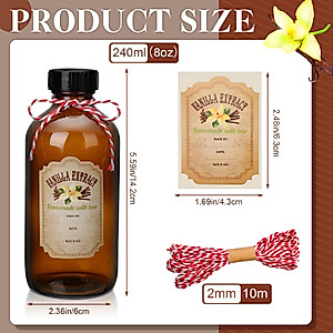 Uiifan 12 Pack 8 Ounce Amber Glass Bottle Boston Round Bottles with Caps Brown Vanilla Extract Bottles and 12 Pcs Vanilla Extract Stickers for Syrup Gift Glass Food Storage Canister Set Sauce Beans