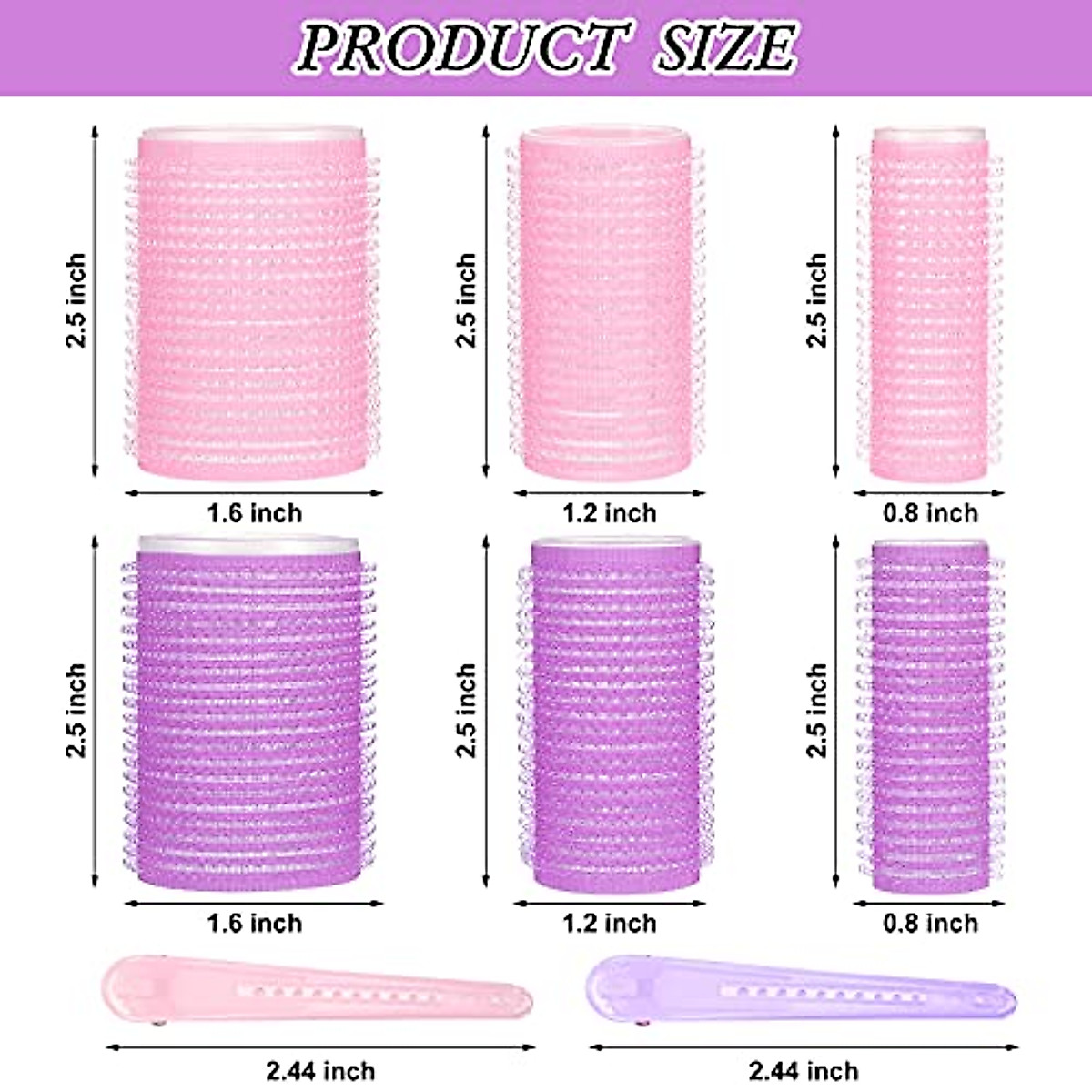 48 Pieces Self Grip Hair Rollers Set Self Holding Rollers No Heat Hair Curlers Hairdressing Curlers and Multicolor Plastic Duck Teeth Bows Hair Clips for DIY Hairdressing Salon Barber (Purple, Pink)
