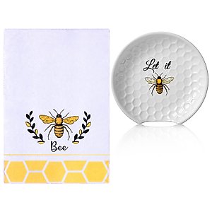 2 Pcs Bee Ceramic Spoon Rest and Bee Kitchen Towel Set Bee Kitchen Decor Set 5'' Bee Theme Spoon Holder Absorbent Tea Towels 16 x 24'' Honeycomb Dish Towels Kitchen Utensil Rest for Honey Bee Gift