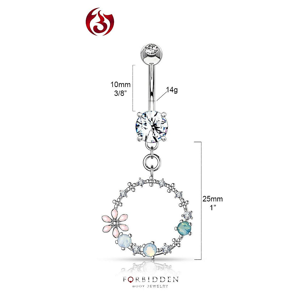 Forbidden Body Jewelry Surgical Steel Fancy Dangle Belly Button Ring with Flower, CZ and Opalite Detail, Circle (Silver)