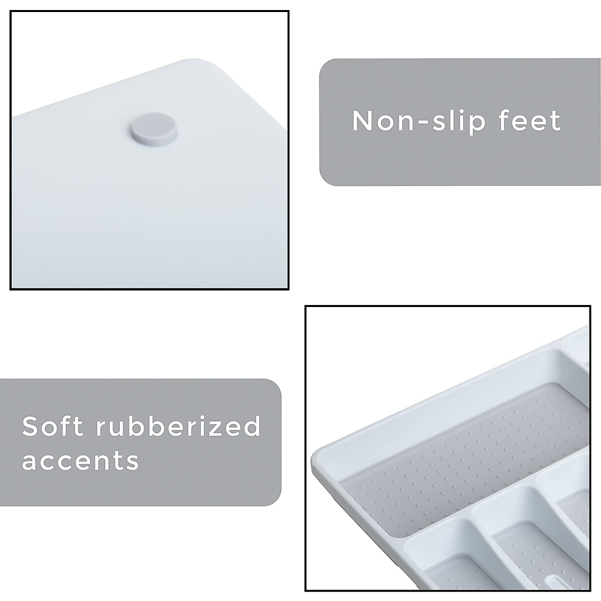 Smart Design 6 Compartment Plastic Drawer Organizer - Non-Slip Lining and Feet - BPA Free - Utensils, Flatware, Office, Personal Care, or Makeup Storage - Kitchen - White with Gray