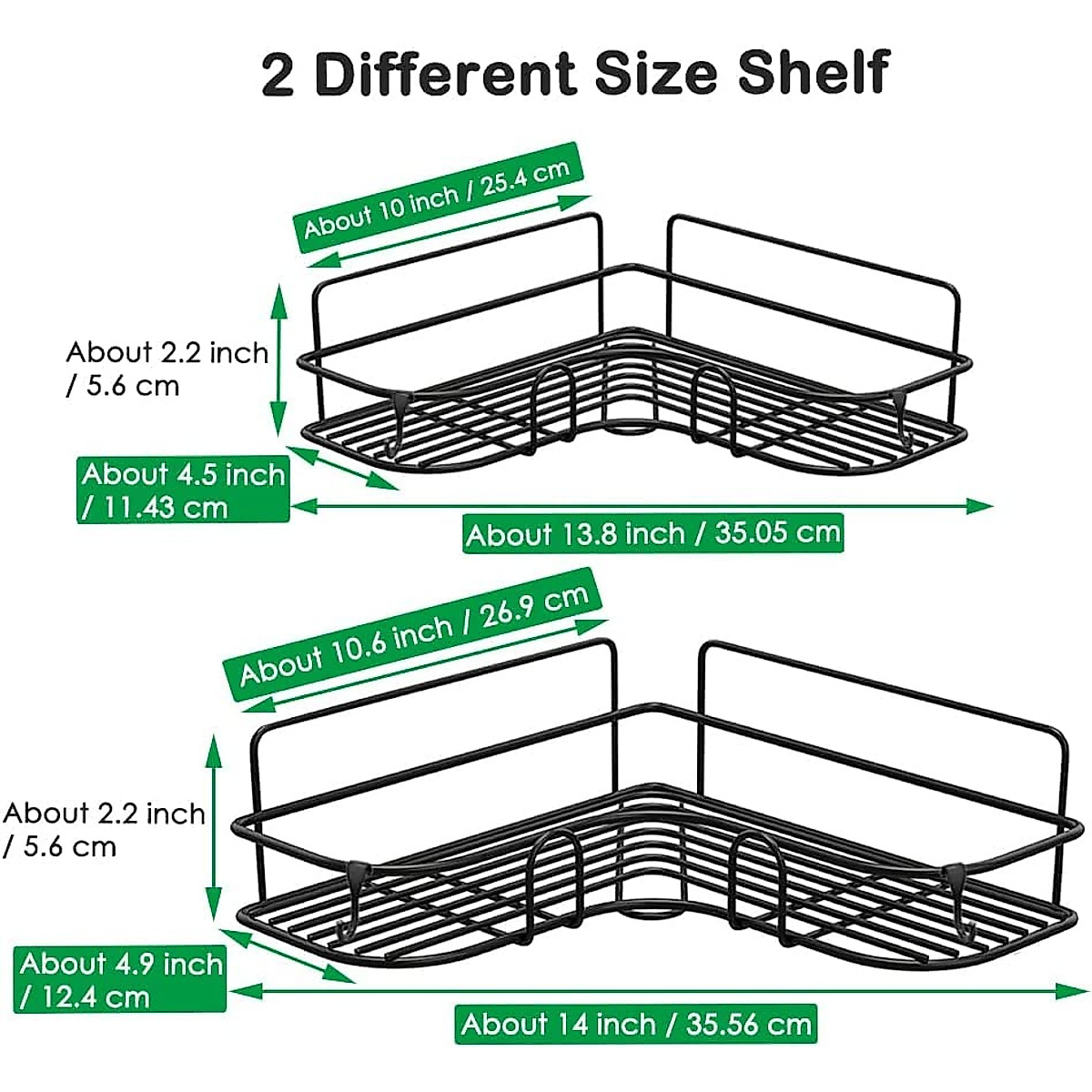 Benzoyl Adhesive Corner Shower Caddy Shelf, No Drilling Rustproof Bathroom Basket with Movable Hooks, Shower Shelf Wall Mounted Organizer for Bathroom, Toilet, Kitchen, Dorm, 8 Pack, Black