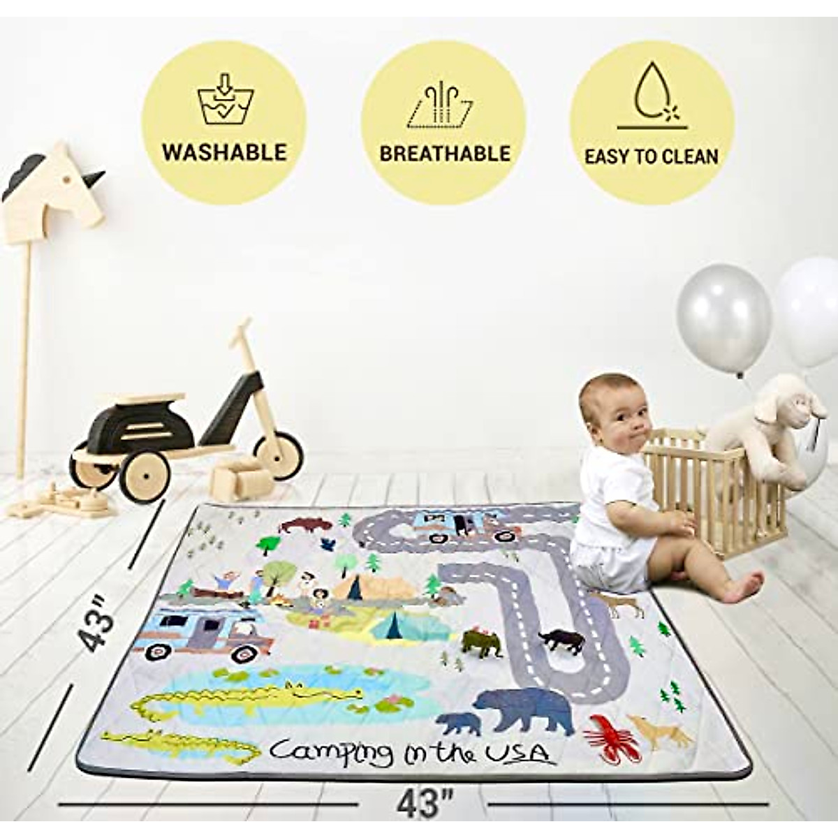 Baby Play Mat, Washable Play Mat for Baby 43"x43", Foldable Kids Tents Mat, Baby Play Gym Mat, Play Tent Mat for Toddler, Baby Tummy Time Mat, Non-Slip (Camping in The USA)