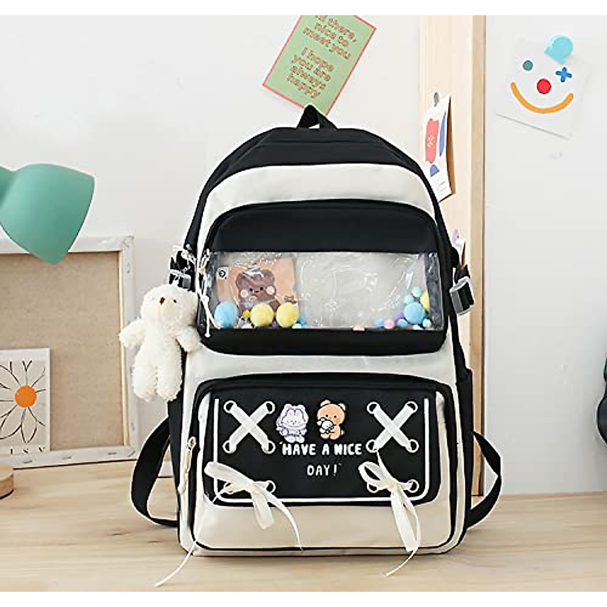 DUOBAOYU 5PCS Kawaii Backpack Set with Cute Pendants and Pins Accessories Aesthetic Rucksack for Teen Girls 17in Cute School Bags Bookbag with Shoulder Bag,Pencil Box,Tote Bag,Small Bag,Black