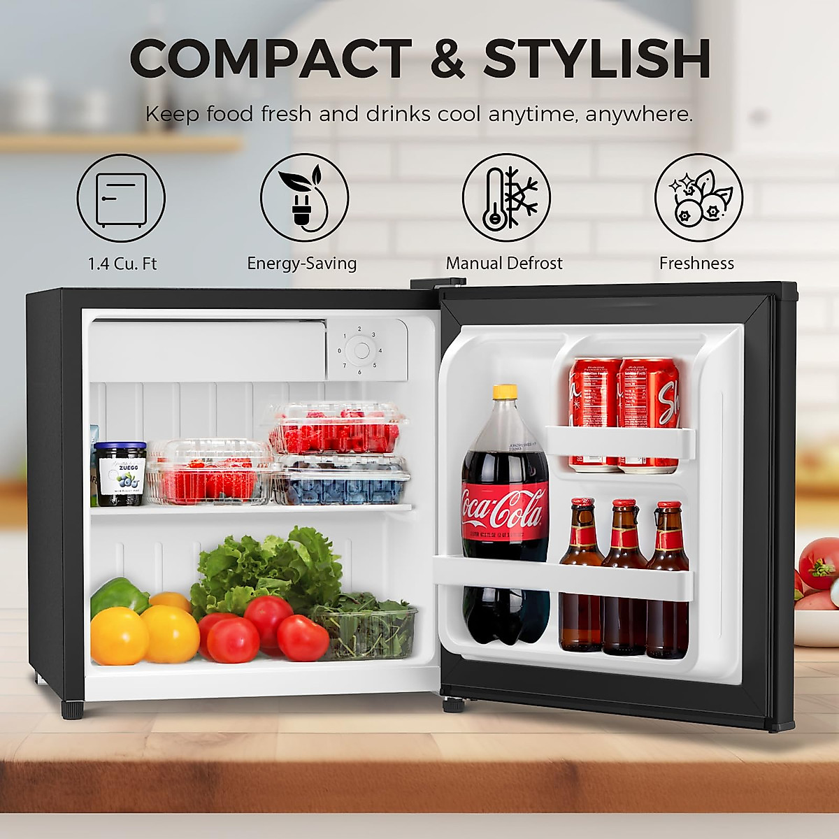 Antarctic Star Compact Refrigerator Mini Fridge with Freezer, Single Reversible Door, Dorm Fridge, Removable Glass Shelf, Defrost Button, for Bedroom, Office, Garage, 1.4 Cu. Ft, Black