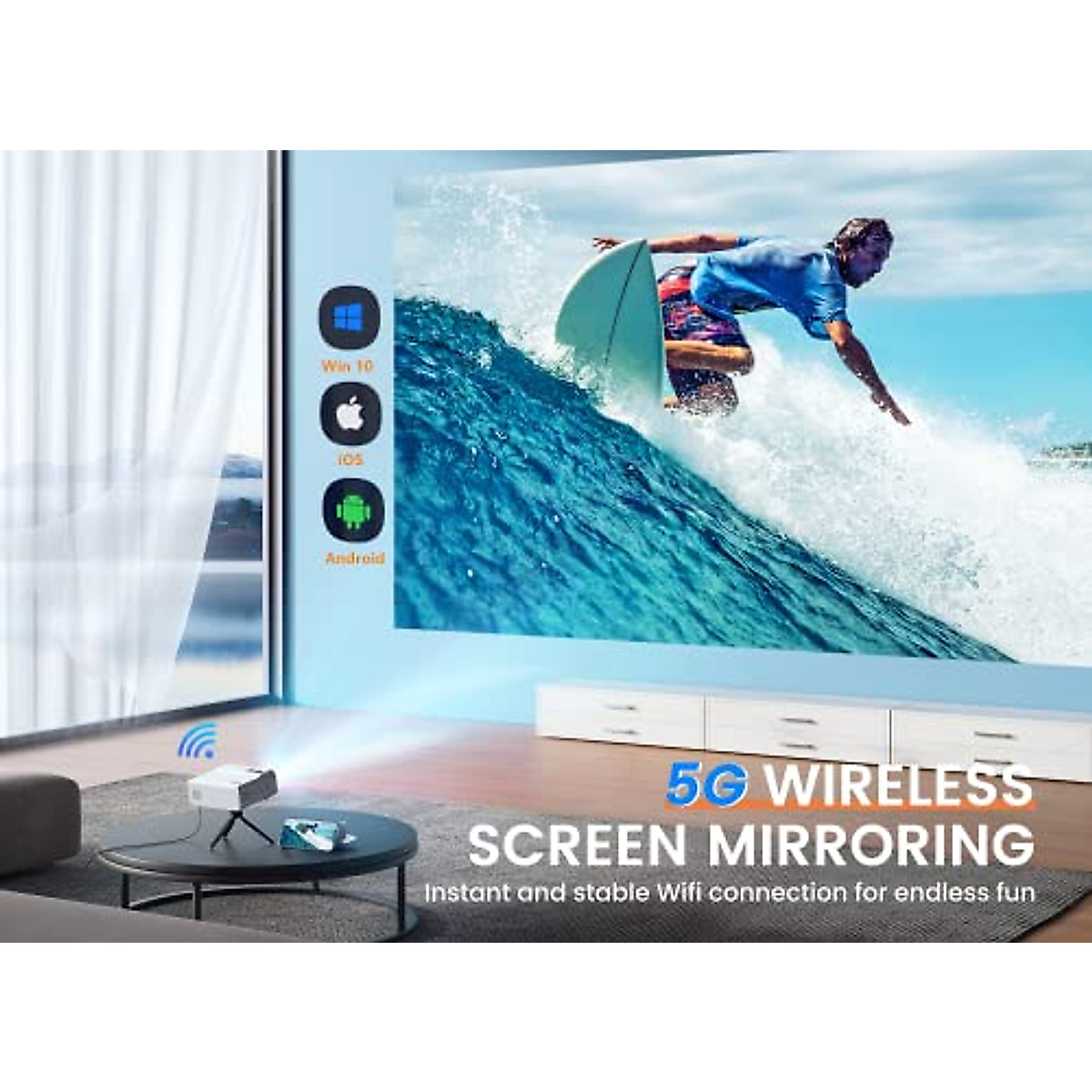 Portable Mini Projector with 5G WiFi and Bluetooth, ACROJOY 1080P Supported Movie Projector with Tripod & 240" Display, Outdoor Video Projector Compatible w/ TV Stick/HDMI/USB/PS5/iOS/Android