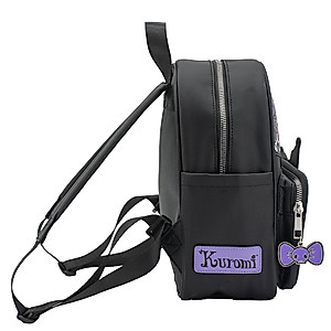 AI ACCESSORY INNOVATIONS Hello Kitty Kuromi Mini PU Backpack Purse, Kawaii Shoulder Bag with Epoxy Filled Metal Bow w/Skull Charm, 10.5 Inch, Anime Travel Bag, Faux Leather