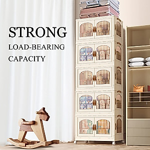 EHAMILY Stackable Storage Bins with 1 Lid Set 5 Tier,8.4 Gal Clear Plastic Folding Storage Box with Wheel and Door,Large Foldable Cabinet Collapsible Bin for Closet Organizer,Clothes,White