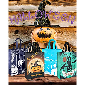 Aviski 8PCS Halloween Trick or Treat Bags, Halloween Tote Bags with Handles, Large Gift Bags, Multifunctional Non-Woven Halloween Bags for Gifts Wrapping, Halloween Party Supplies, 15×11.8×3.9“