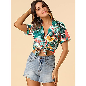 Allegra K Women's Hawaiian Shirt Floral Leaves Printed Short Sleeve Top Tropical Button Down Shirt Summer Fashion 2024 X-Small White