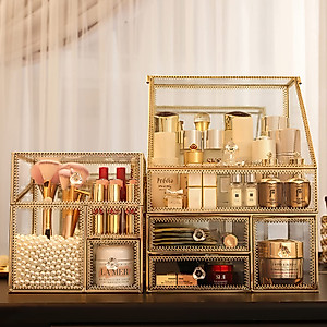 CONHENCI Large Glass Makeup Organizer Drawer Set Beauty Storage Bathroom Counter Organizer Cosmetic Display (11.5inx8.5inx5.5in)